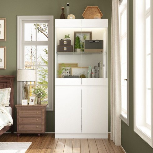 Famapy White Modular Kitchen Pantry Cabinet With Light & Glass Doors ...