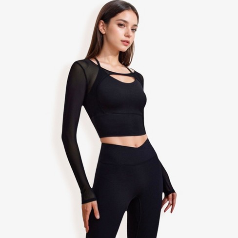 Anna-kaci Women's Long Sleeve Mesh Cropped Activewear Top With Cutout ...