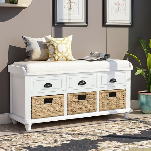 Rustic Storage Bench With 3 Drawers And 3 Rattan Baskets-modernluxe ...