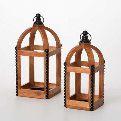 Northlight Set Of 3 Natural Wood Candle Lanterns With Black Metal Tops ...
