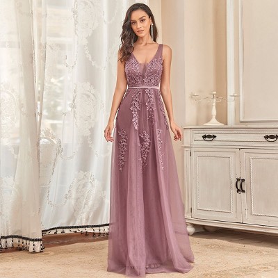 V Back Sleeveless Lace Embroidered Maxi Long Tulle Formal Dress, Purple ...