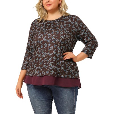 Agnes Orinda Women's Plus Size Blouse Floral 3/4 Sleeve Round Neck ...