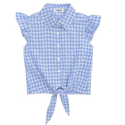 Girls Tie Front Knot Tops With Ruffle Sleeve Plaid Tops Tie Front ...