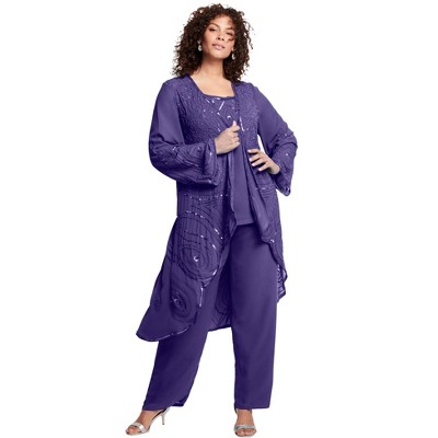 Roaman's Women's Plus Size Petite Three-piece Lace Duster & Pant Suit ...
