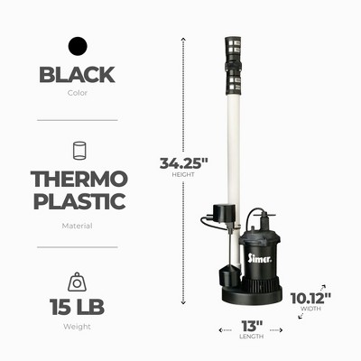 Simer Quick Install Sump Pump with Pre Assembled Discharge Pipe and ...