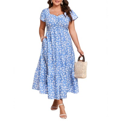 Womens Plus Size Dress Short Sleeve Maxi Dress Floral Ruffle Dress ...