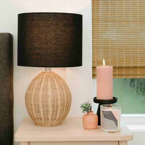 Storied Home Boho Woven Rattan Table Lamp With Black Linen Shade ...