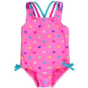 RuffleButts Girls UPF50+ Sun Protected Cross-Back One Piece - Neon Pink ...