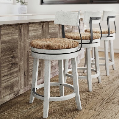 HomeStock 35.5 in.H White Finish Low Back Wood Frame Barstool Wood Seat ...