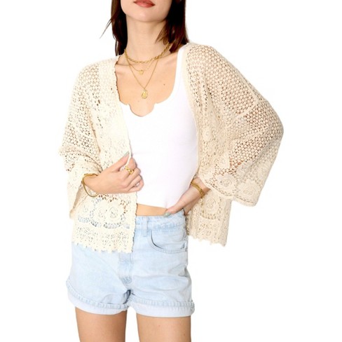 Anna-kaci Women's Short Embroidered Lace Duster Crop Cardigan With Half ...
