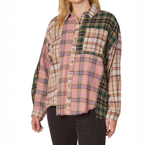 Women's Color Block Plaid Flannel Top - Entro 1x : Target