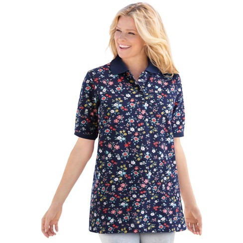 Woman Within Women's Plus Size Elbow-sleeve Polo Tunic - L, Navy ...