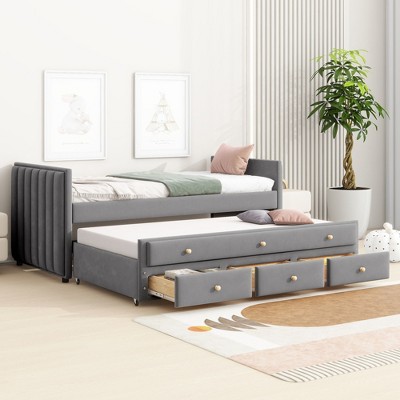 Twin Size Upholstered Wooden Daybed With Twin Size Trundle And 3 ...