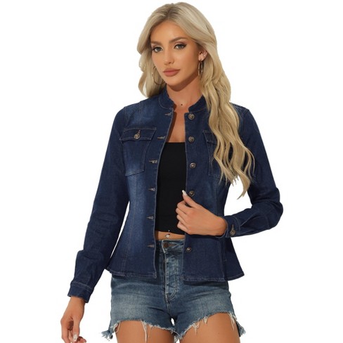 Allegra K Women's Button Front Stand Collar Long Sleeve Jean Jackets ...