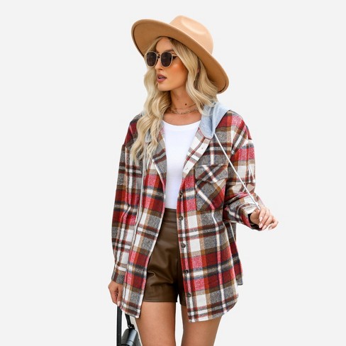 Women's Plaid Drawstring Hooded Jacket - Cupshe-xs-red : Target