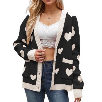 Women's Knit Cardigan Heart Open Front Long Sleeve Sweater Jacket with ...