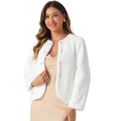 Allegra K Women's Faux Fur Long Sleeve Pockets Pearl Button Fluffy ...