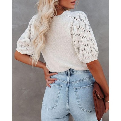 Womens Short Sleeve Lightweight Sweaters Crewneck Knit Pullover Tops ...