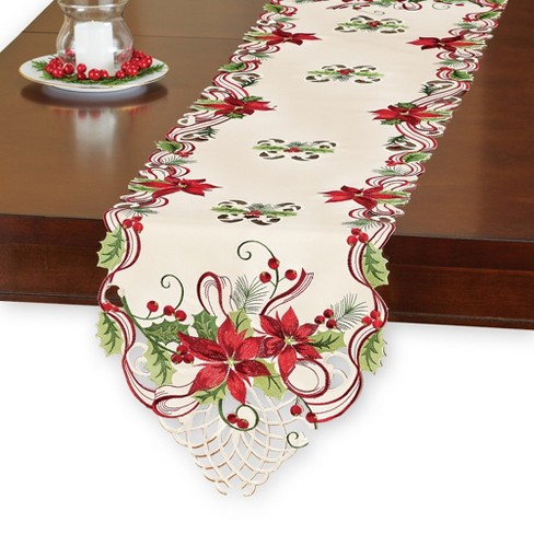 Collections Etc Pretty Poinsettia & Berries Table Linens Runner White ...