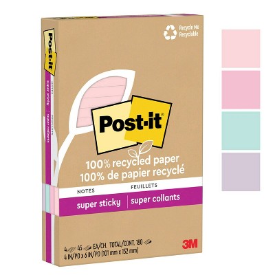 Post-it Recycled Super Sticky Notes 4"x6" Pastels: Large Unbound ...
