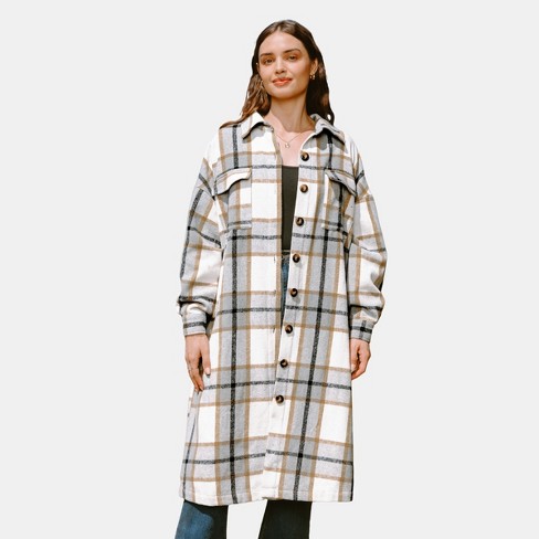 Women's Plaid Collared Front Button Jacket - Cupshe-l-white : Target