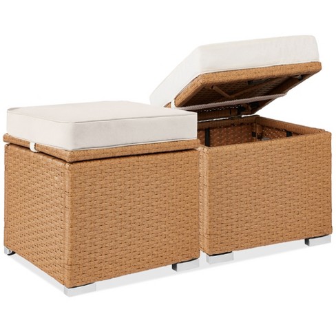 Best Choice Products Set of 2 Wicker Ottomans Multipurpose Furniture w Removable Cushions Steel Frame Natural Ivory