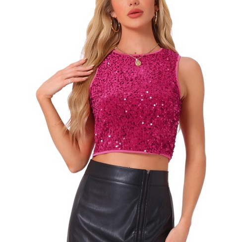 Allegra K Women's Sequin Crop Round Neck Sleeveless Sparkly Glitter ...