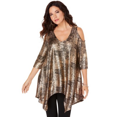 Roaman's Women's Plus Size Metallic Cold-shoulder Tunic, 18/20 - Gold ...