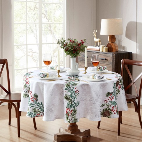 Holly Berry Flourish Holiday Fabric Tablecloth - Multicolor - 70" Round ...