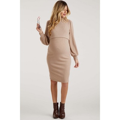 Pinkblush Taupe Rib Knit Mock Neck Maternity Nursing Dress : Target
