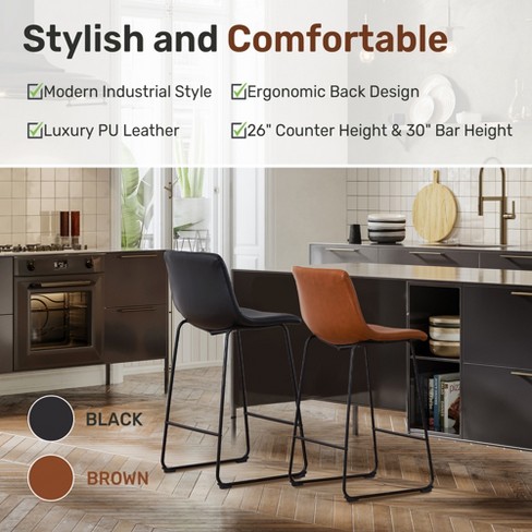 Ferpit Modern Upholstered Faux Leather Bar Stools With Metal Frame 2 ...