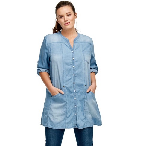 Ellos Women's Plus Size Snap Front Denim Tunic - 1x, Bleach : Target