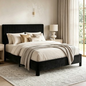 Dyonery King Black Velvet Upholstered Platform Bed Frame with Headboard ...