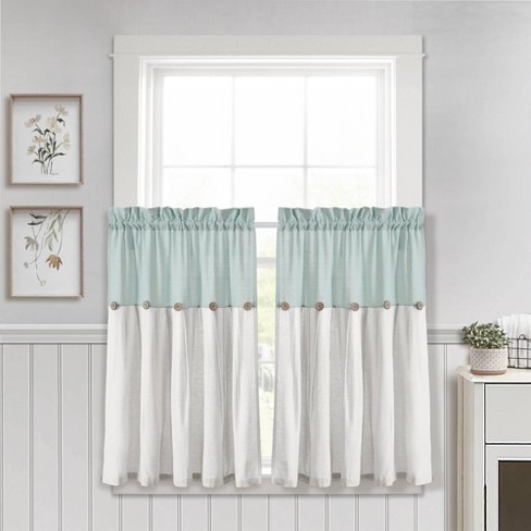 Set Of 2 (36"x29") Farmhouse Linen Button Kitchen Curtain Tiers Blue ...