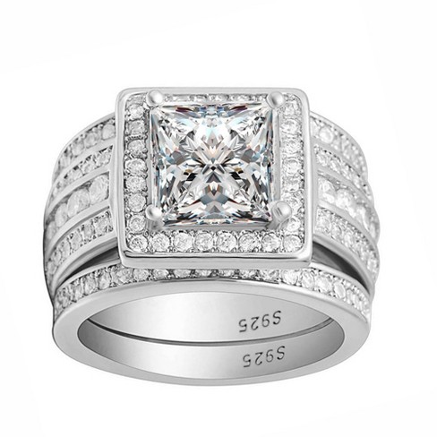Beverly Wedding Ring Set Halo Sterling Silver Engagement Ring Black ...