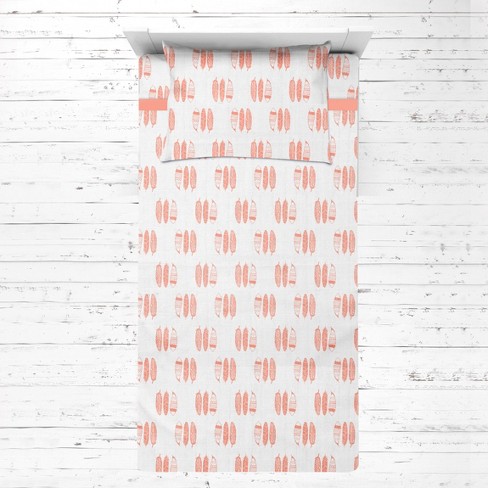 Bacati - Olivia Feathers Coral Muslin 3 Pc Toddler Bed Sheet Set : Target