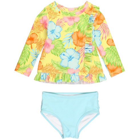 Rufflebutts Long Sleeve Ruffled Rash Guard 2-piece - Happy Hula, Size ...