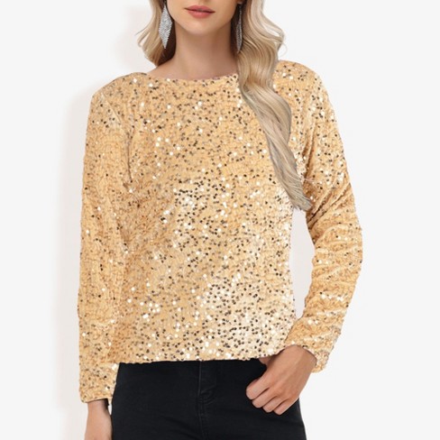 Anna-kaci Women's Long Sleeve Sequin Top Round Neck Sparkle Blouse ...
