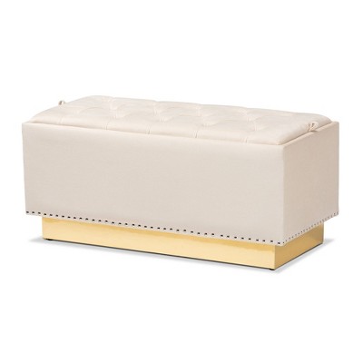 Powell Velvet Fabric Upholstered And Pu Leather Ottoman Gold - Baxton ...