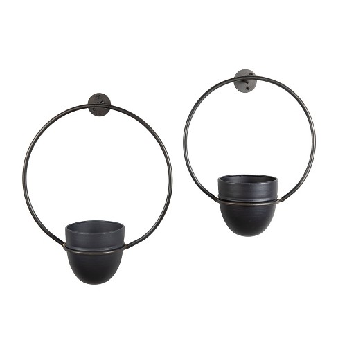 Set Of 2 Hanging Planters With Circular Frame And Metal Pots Black ...
