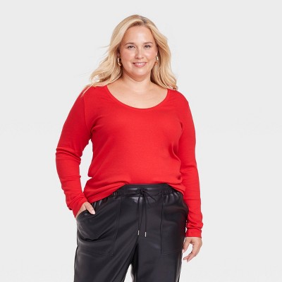 Women's Slim Fit Long Sleeve Scoop Neck Ribbed T-shirt - A New Day™ Red ...
