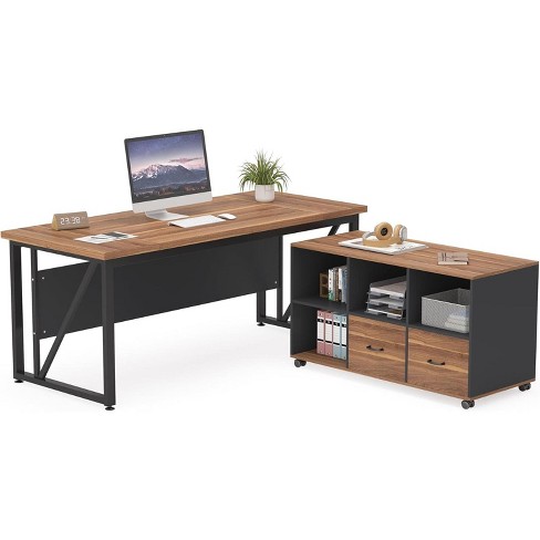 Tribesigns 63 Executive Desk and 47 lateral File Cabinet L shaped Computer Desk Business Furniture with Drawers and Storage Shelves Brown