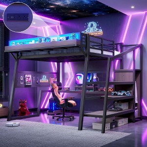 Black Full Metal Loft Bed with Storage Stairs, Shelves, Pegboard and ...