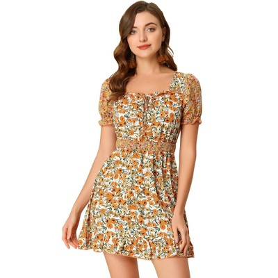 Allegra K Women's Square Neck Dress Ruffled Short Sleeve Summer Floral ...
