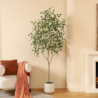 Kazeila 7ft Faux Ficus Tree With Oval White Planter, Pre Potted Faux ...