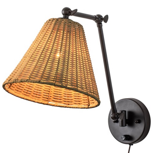 C Cattleya Black Woven Rattan Plug-in Swing Arm Wall Lamp With On/off ...