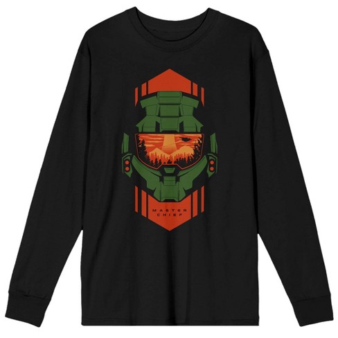 Halo Infinite Master Chief Head Armor Crew Neck Long Sleeve Men's Black ...