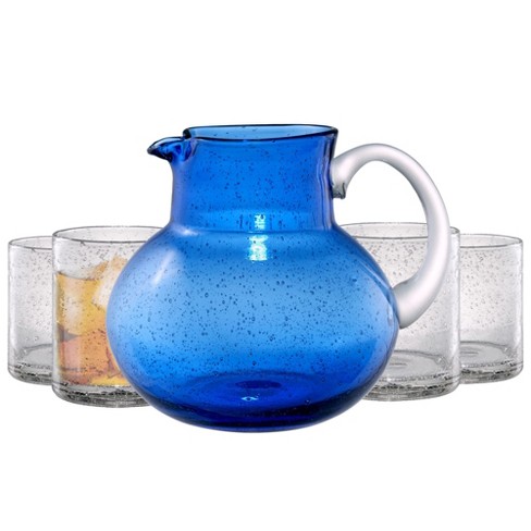 Artland Iris 90oz Hand Blown Cobalt Blue Pitcher & Set Of 4 14oz Clear ...