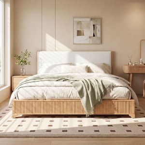 King Size Platform Bed Frame with White Upholstered Headboard, Solid ...