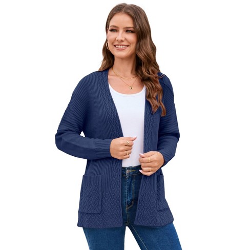 Women's Open Front Knit Cable Cardigan Sweater V Neck Long Sleeve ...